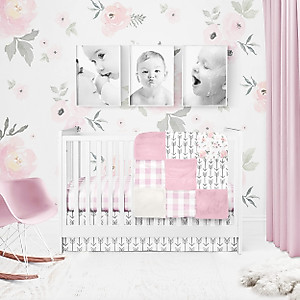 JLIKA Crib Bedding Sets for Girls - 3 Piece Floral Pink Plaid Set for Baby Girl Nursery Decor | Quilt Blanket, Crib Sheet, Skirt | Flowers Arrow Buffalo Plaid (Pink Floral Collection) (Pink Floral)