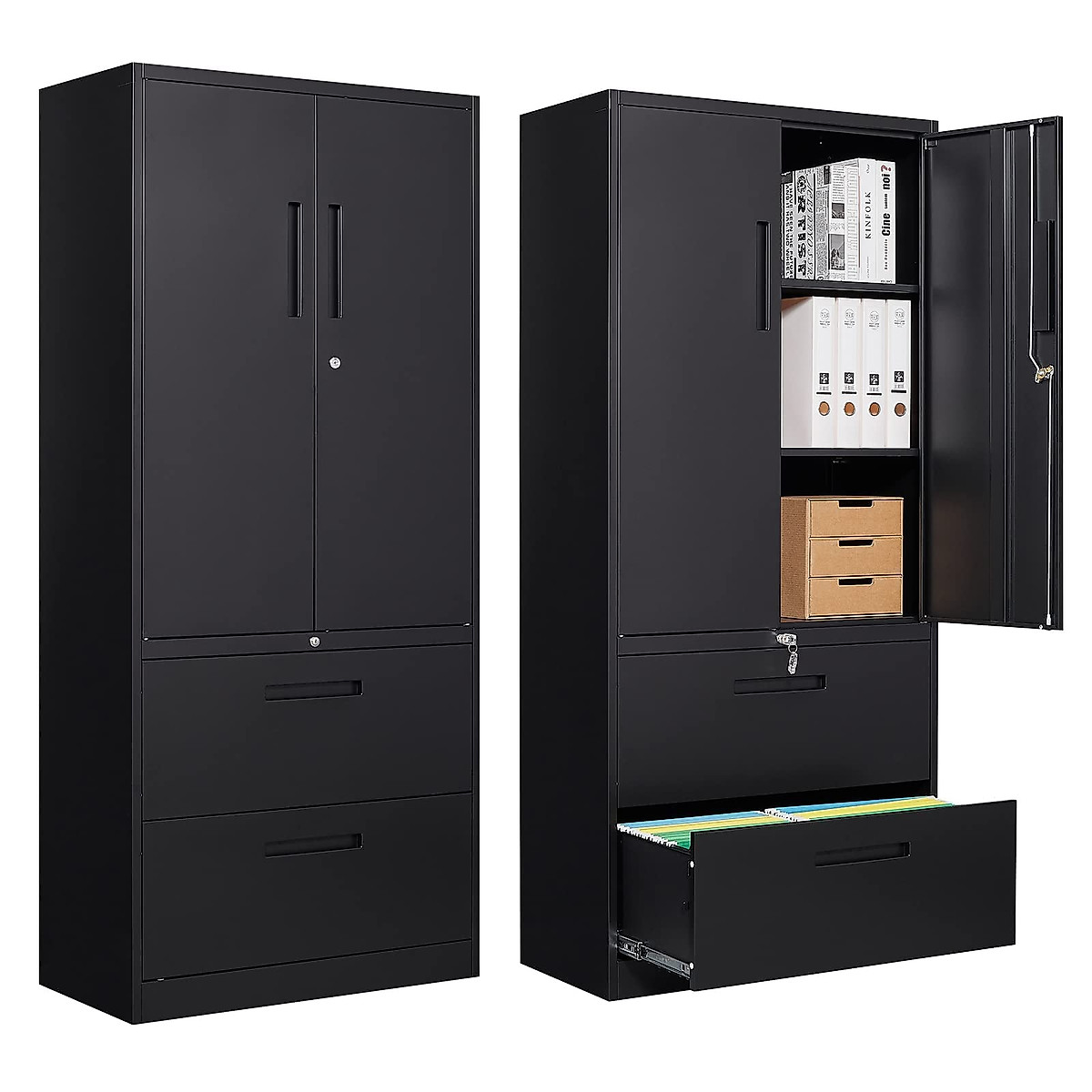 ZAOUS File Cabinet 2 Drawer, Metal File Cabinet with Lock, Lateral Filing Cabinets with Doors & Adjustable Shelves for Home Office, Living Room, Pantry, Gym, Basement, Warehouse, Black