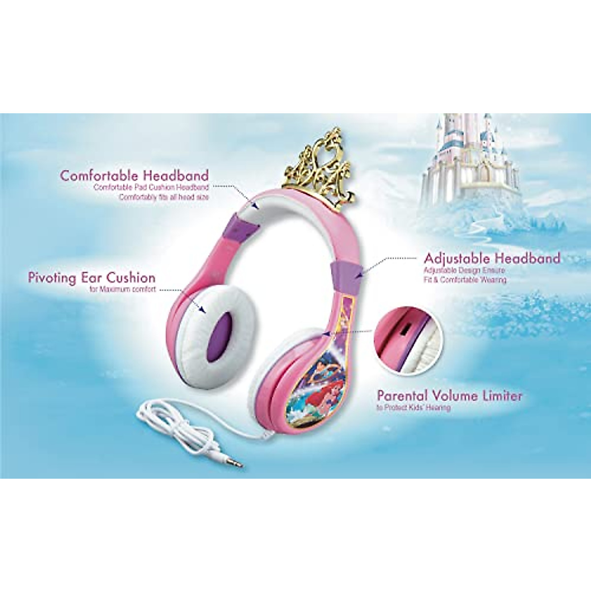Disney Princess Kids Headphones For Kids Adjustable Stereo Tangle-Free 3.5Mm Jack Wired Cord Over Ear Headset For Children Parental Volume Control Kid Friendly Safe (Frustration Free Packaging), DP-140.EXv6, Pink