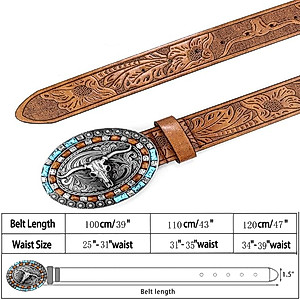 Women Western Cowboy Belt - PU Leather Longhorn Bull Turquoise Embossed Buckle Belt for Jeans Pants Dresses