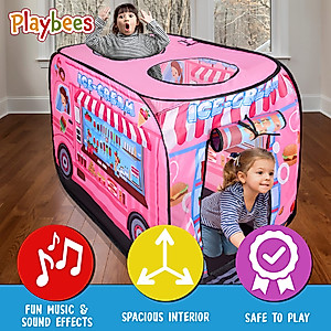 Playbees Musical Ice Cream Truck Pop Up Play Tent with 3 Openings - Tent for Toddlers - Indoor & Outdoor - Pop Up Tents for Kids - Includes Carry Bag and Sound Button- 43.5x28x26.5 Inch