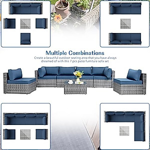 Shintenchi 7 Pieces Outdoor Patio Sectional Sofa Couch, Silver Gray PE Wicker Furniture Conversation Sets with Washable Cushions & Glass Coffee Table for Garden, Poolside, Backyard (Aegean Blue)