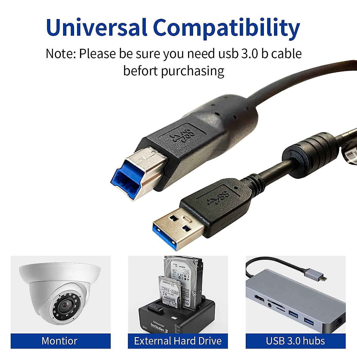 MITATTOK USB A to USB B 3.0 Cable (5FT), USB 3.0 Type A to B Male Cable Compatible with Monitor, Docking Station, Printer, External Hard Drivers, Scanner, USB Hub and More-Black