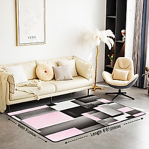 jejeloiu Geometric Living Room Rugs Area Rug 5x7 Pink Grey Black Buffalo Check Accent Rug for Modern Abstract Indoor Floor Mat Non-Slip Stripe Line Geometry Decorative Rug
