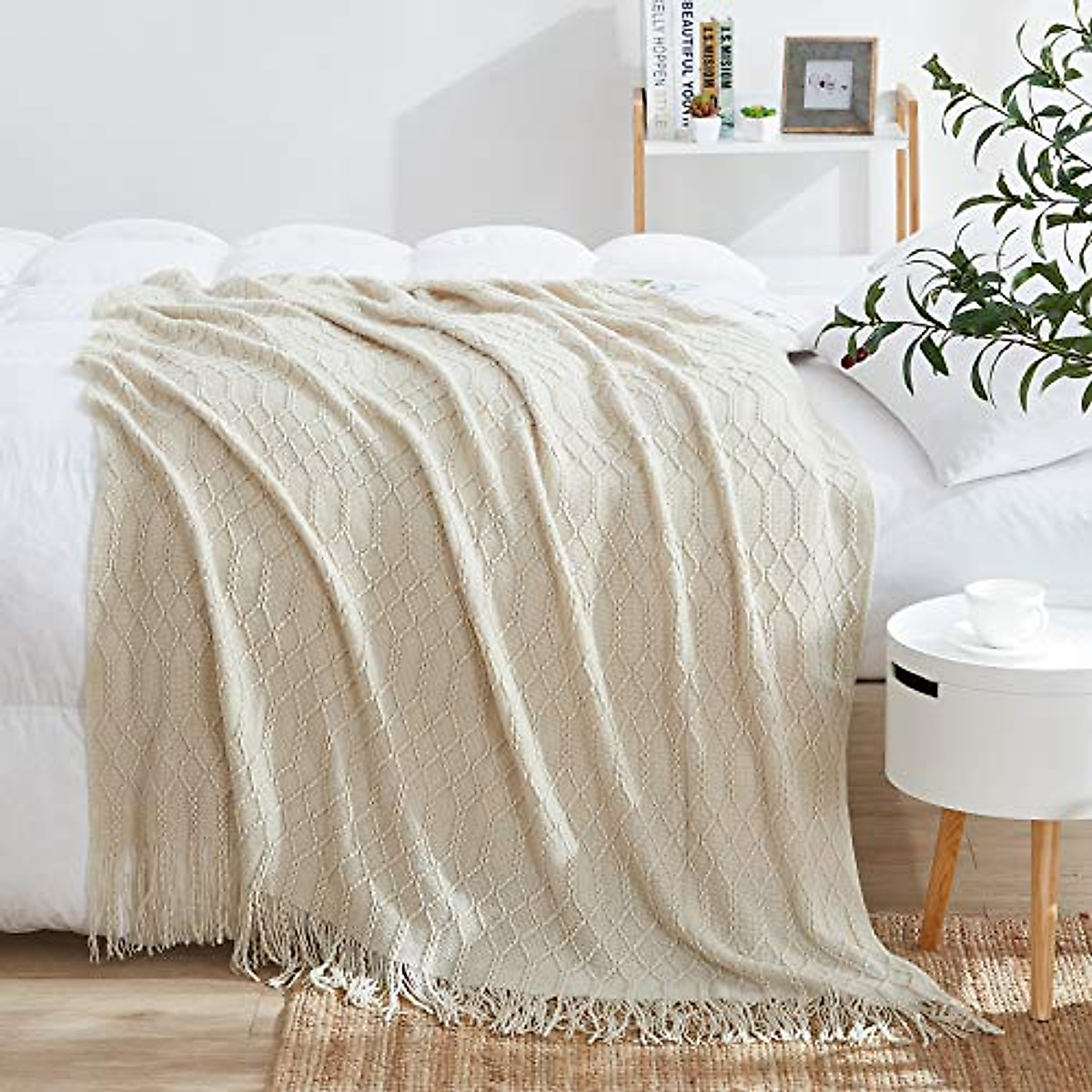 MOLLY ROCKY 100% Acrylic Knitted Throw Blanket Textured Solid Soft Decorative Throw for Sofa,Couch,Bed,50x60 Inch,Beige