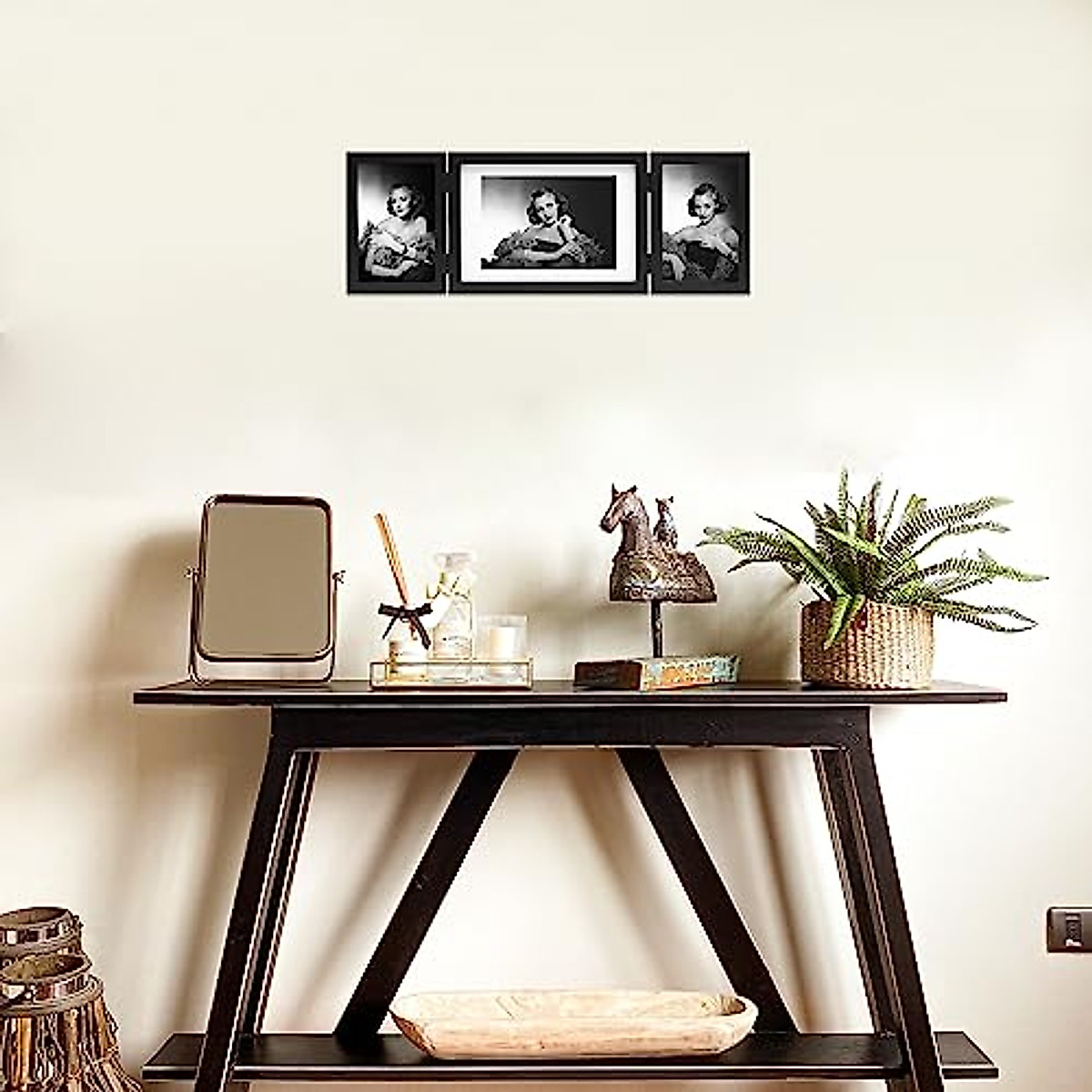 DECOCIAGA Hinged 3 Picture Frame 4x6 & 5x7 Folding Collage Photo Frames Multiple Wooden Desk Picture Frames with Mat for Office Tabletop or Wall Decor, Black