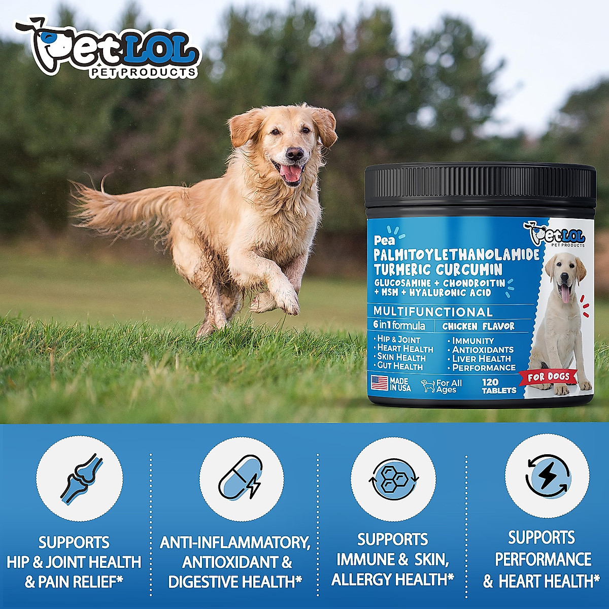 PET LOL Turmeric Curcumin for Dogs + Palmitoylethanolamide Micronized Pea 99%: 6-in-1 Hip & Joint Health with Glucosamine, Chondroitin, MSM & Hyaluronic Acid - Pet Antioxidant & Anti-Inflammatory