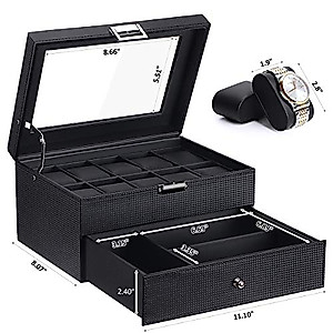 BEWISHOME Watch Box Organizer with Valet Drawer - Real Glass Top, Metal Hinge, Large Holder, Black Carbon Fiber Faux Leather - 10 Slots Watch Storage Case Jewelry Box for Men SSH14C