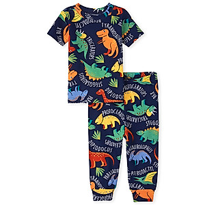 The Children's Place Baby Boys And Toddler Snug Fit 100% Cotton Short Sleeve Top Pants 2 Piece Pajama Set, Smart Dinos, 4T US