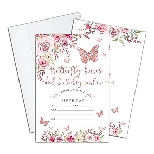 Watercolor Floral Invitation to Butterfly Birthday Party, Pink Butterfly Birthday Decoration, Baby, Adult, Sister Birthday, Double Sided Printed 20 Invitation Cards with Envelope, 4"x6 (JY283)