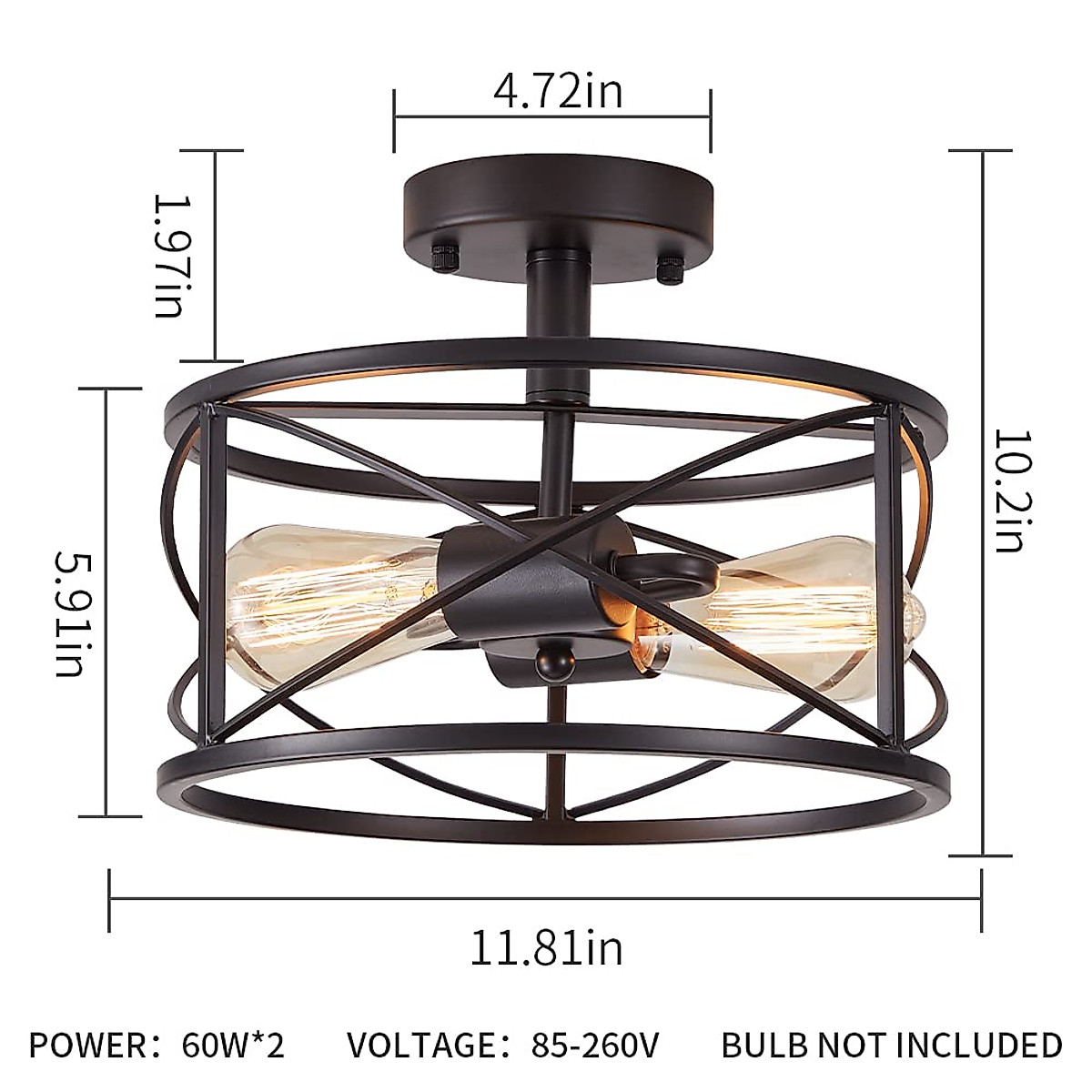Black Semi Flush Ceiling Light Fixture, 2-Light Farmhouse Flush Mount Light Fixtures, Modern Industrial Metal Cage Pendant Lighting for Hallway, Bedroom, Kitchen, Foyer, Living Room, Dining Room