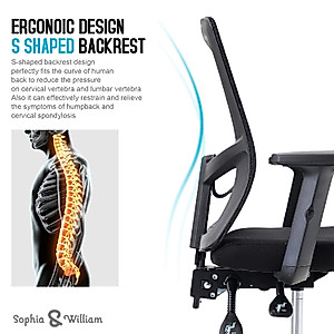 Sophia & William Ergonomic Mesh Office Desk Chair High Back, Modern 360° Swivel Executive Computer Chair with Height Adjustable Armrests, Lumbar Support, Black - 1 Pack, Load Capacity: 300 lbs