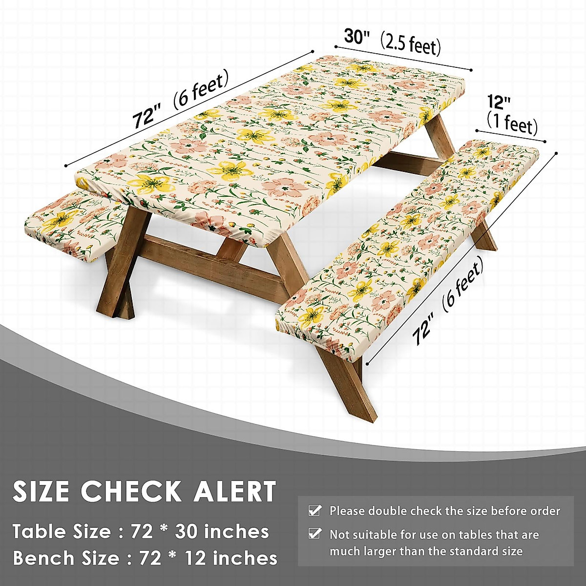Britown Picnic Table Cover with Bench Covers Elastic Edges, Wild Flower Fitted Table Cover, Outdoor Patio Camping Essentials 72 Inch 3PCS, Waterproof Camping Fitted Tablecloth with Drawstring Bag