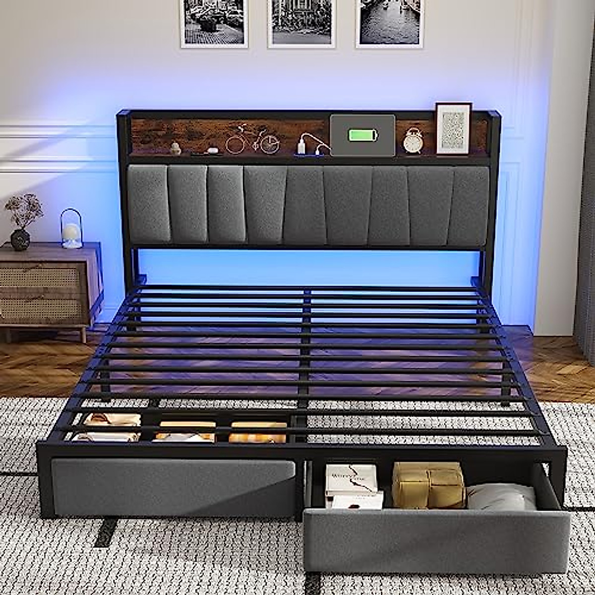 Queen Bed Frames with Drawers and Storage Headboard, Queen Platform Bed Frame with LED Light Strip, Upholstered Bed Frame Queen Size with 2 USB Charging Station, No Box Spring Needed, Easy Assembly