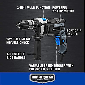 Hammerhead 7.5-Amp 1/2 Inch Variable Speed Hammer Drill with 6pcs Bit - HAHD075