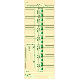 Office Depot Time Cards with Deductions, Weekly, Days 1-7, 1-Sided, 3 3/8in. x 8 7/8in., Manila, Pack of 100, GB-735312
