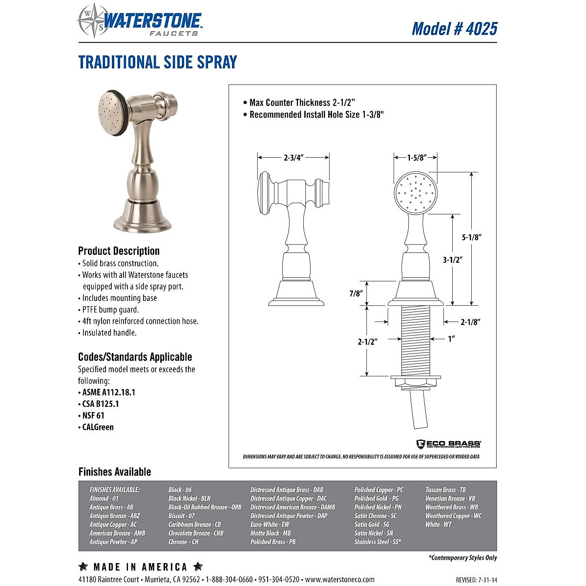 Waterstone 4025-CHB Chocolate Bronze Annapolis Suite Traditional Style Side Spray