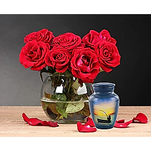 Immortal Memories Fishing Keepsake Urn - Keeksake Cremation for Ashes Token Hand Painted Mini Memorial Sharing with Velvet Case & Bag (Keepsake), Sky Blue