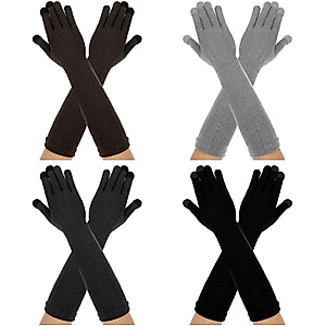 4 Pairs Knit Long Touchscreen Gloves Thermal Gloves Anti-slip Hand Warming Gloves Arm Warmers with Fingers Elastic Men Women Knit Gloves Soft Thermal Texting Gloves