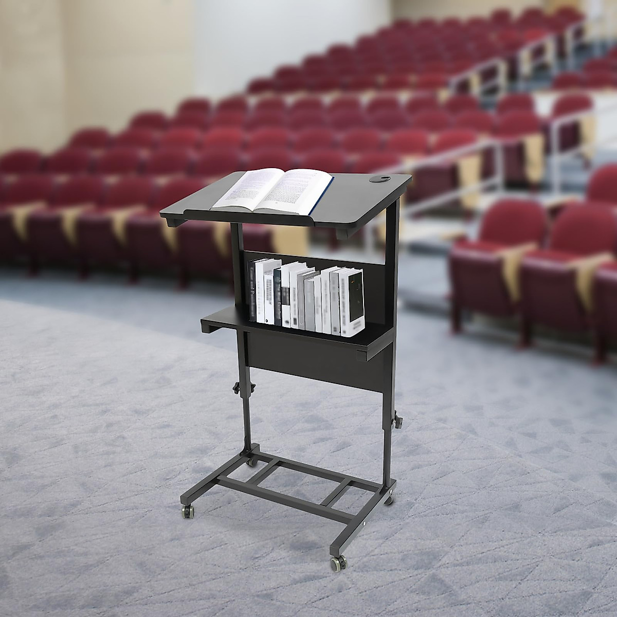 Mobile Stand Up Lectern Podium with Wheels, Portable Heavy Duty Height Adjustable Desk, Ergonomic Ambidextrous Steel Frame for Church Pulpit, Classroom Lecture Speech (Black)