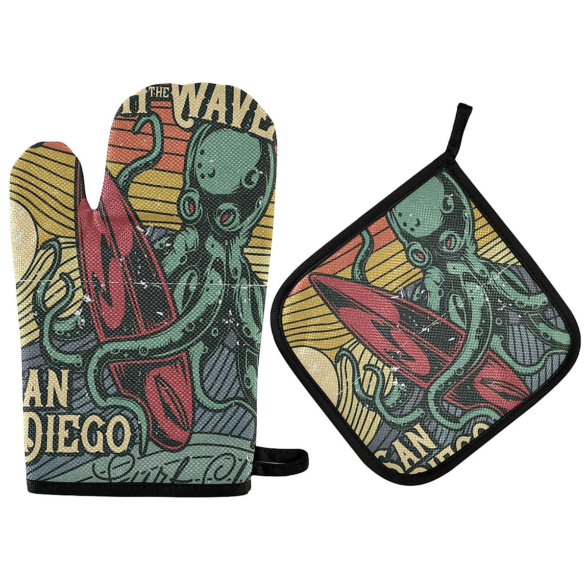 Retro Octopus Kraken Catch Surfboard San Diego Oven Mitts Pot Holders Sets, Heat Resistant Kitchen Oven Gloves, Potholder Hot Pads for Cooking Baking Microwave Grill