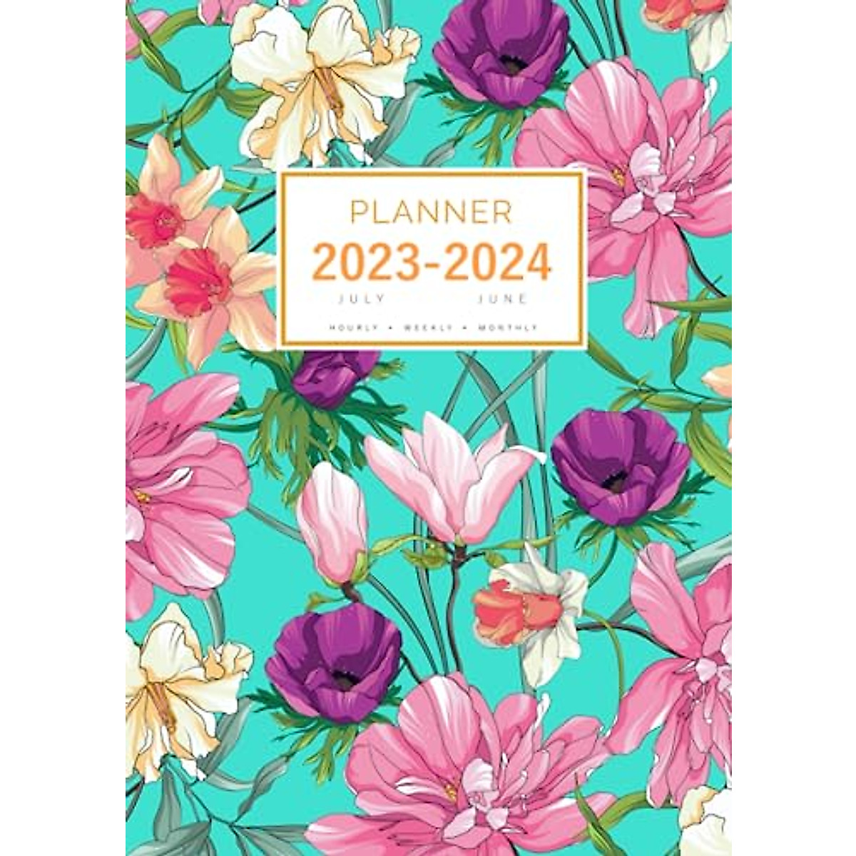Planner July 2023-2024 June: A4 Large Notebook Organizer with Hourly Time Slots | Peony Iris Magnolia Design Turquoise