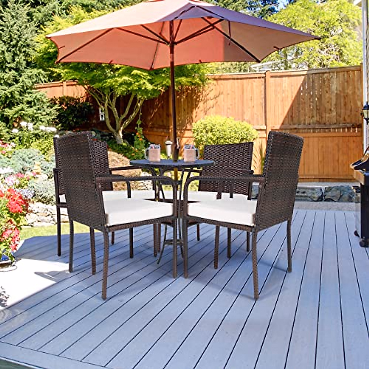 Tangkula 4-Piece Patio Rattan Dining Chairs, Patiojoy Outdoor Wicker Dining Chairs with Padded Sponge Cushion, High Back Curved Armrests, Ideal for Garden Poolside Lawn Backyard (Brown)