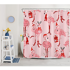 WEENEO Pink Christmas Shower Curtain Funny Flamingo with Red Xmas Hat and Gift Shower Curtain for Bathroom Winter Holiday Fabric Bath Curtain with 12pcs Hooks,72x72 Inch