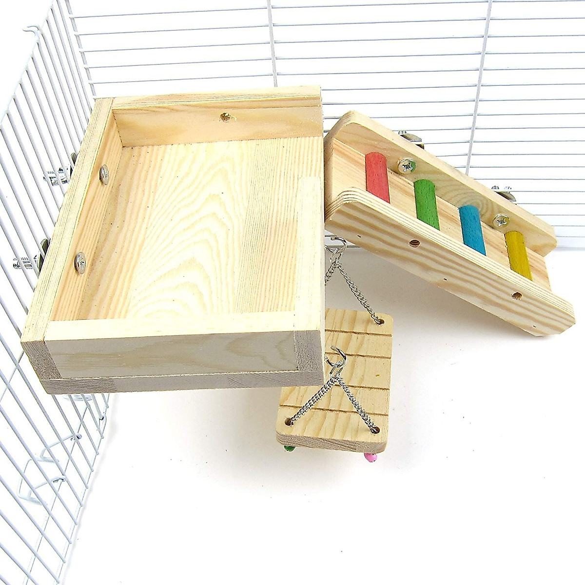Wooden Platform Ladder Stand Swing Climbing Biting Toy for Mouse Chinchilla Rat Gerbil and Dwarf Hamster Climbing Toy (M)
