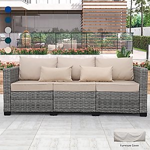 Rattaner Patio Furniture 3-seat Sofa Grey Wicker Outdoor Furniture Outdoor Couch Deep Seat Hight Backrest with Waterproof Cover, Khaki Anti-Slip Cushions