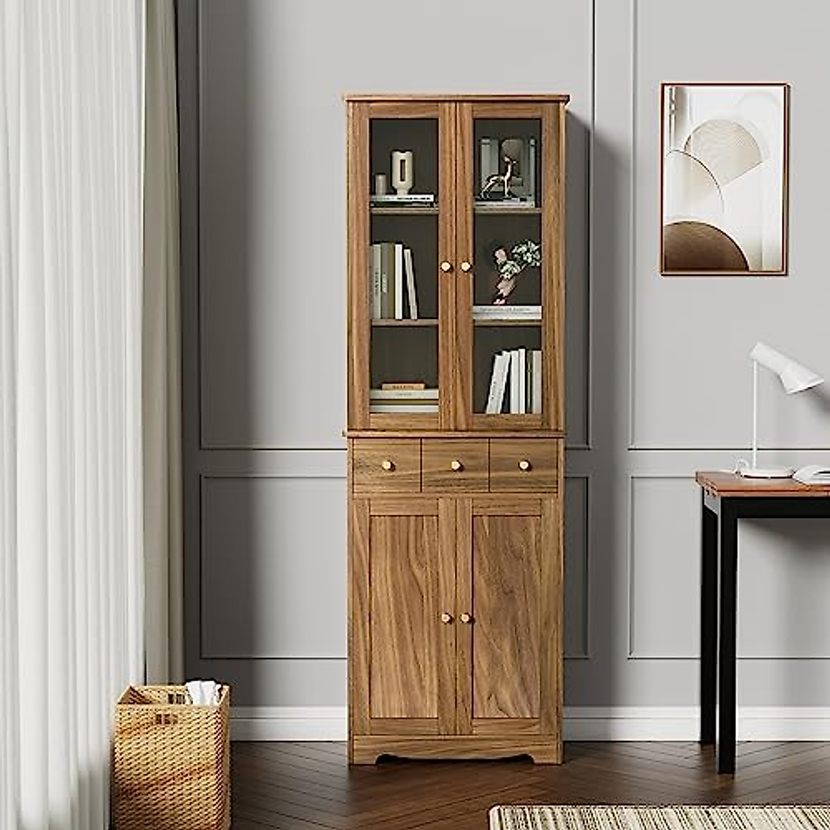 Display Cabinet with Glass Doors and Adjustable Shelves,3-Tier Home Office Bookshelf with Storage Drawers, Freestanding Storage Cabinet for Office Bedroom Dining Living Room（Natural Wood）