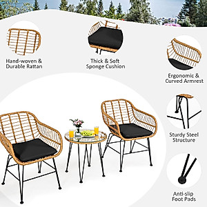 DORTALA 3 Pieces Patio Conversation Set, Rattan Leisure Chairs & Round Glass Tea Table Set, Indoor Outdoor Wicker Bistro Furniture Set with Cushions for Balcony, Poolside (Black)