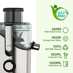 Juicer, Bagotte Centrifugal Juicer, BPA-Free, High Juice Yield Dual-Speed Juice Extractor with 304 Stainless Steel,65mm Wide Feed Chute Juicer Machines for Whole Fruit and Vegetable, Easy to Clean