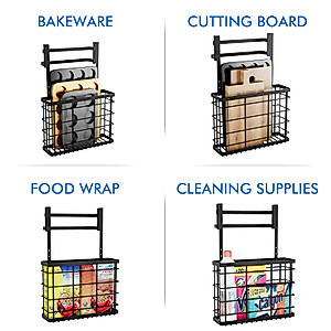 LIVOD Cabinet Door Organizer, Over The Cabinet Door Organizer with Double Towel Bars, Cutting Board Organizer with Towel Holder, Kitchen Cabinet Organier for Pantry, Baking Sheet, Plastic Wrap, Black