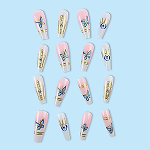 Fall Press on Nails Long Square Fake Nails with Eyeball and Butterfly Designs Acrylic Nails Autumn Glossy False Nails White Glue on Nails for Women 24PCS