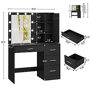 usikey Makeup Vanity with Lights, Vanity Desk with Mirror and 10 LED Lights, Vanity Table Set with 4 Drawers, Cabinet & 4 Necklace Hooks, Dressing Table for Bedroom, Black