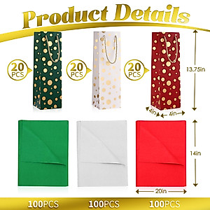 Woanger 60 Pieces Christmas Wine Gift Bags Bulk Red Green White Holiday Wine Bottle Bags with Handles and 300 Tissue Paper for Whiskey Spirits Drinks Xmas Winter Party Gift Wrapping Supplies(Dot)