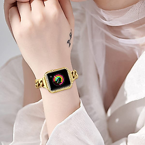 Dilando Cool Chain Metal Link Bands Compatible with Apple Watch 40mm 38mm 41mm 42mm 44mm 45mm Women Men, Gold Stainless Steel Bracelet with Bling Case for Iwatch SE Series 8 7 6 5 4 3 2 1 (Gold, 40mm)