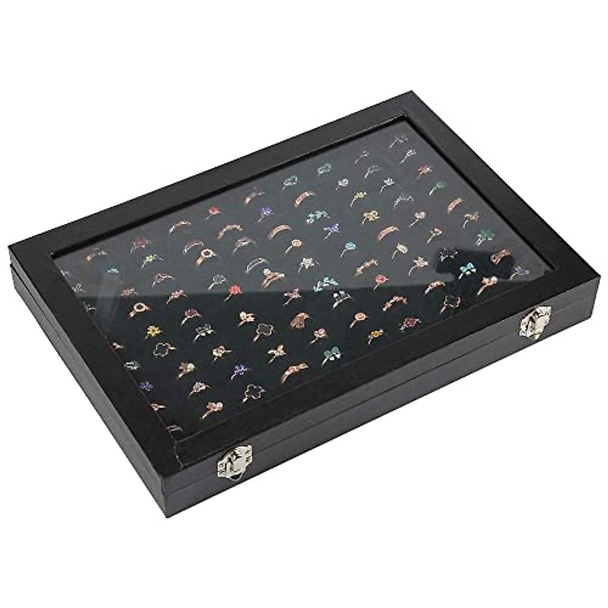 Bivisen Ring Display Case Organizer Box with Transparent Lid, 100 Slots Ring Storage Display Box Case Tray Holder PU Leather Black
