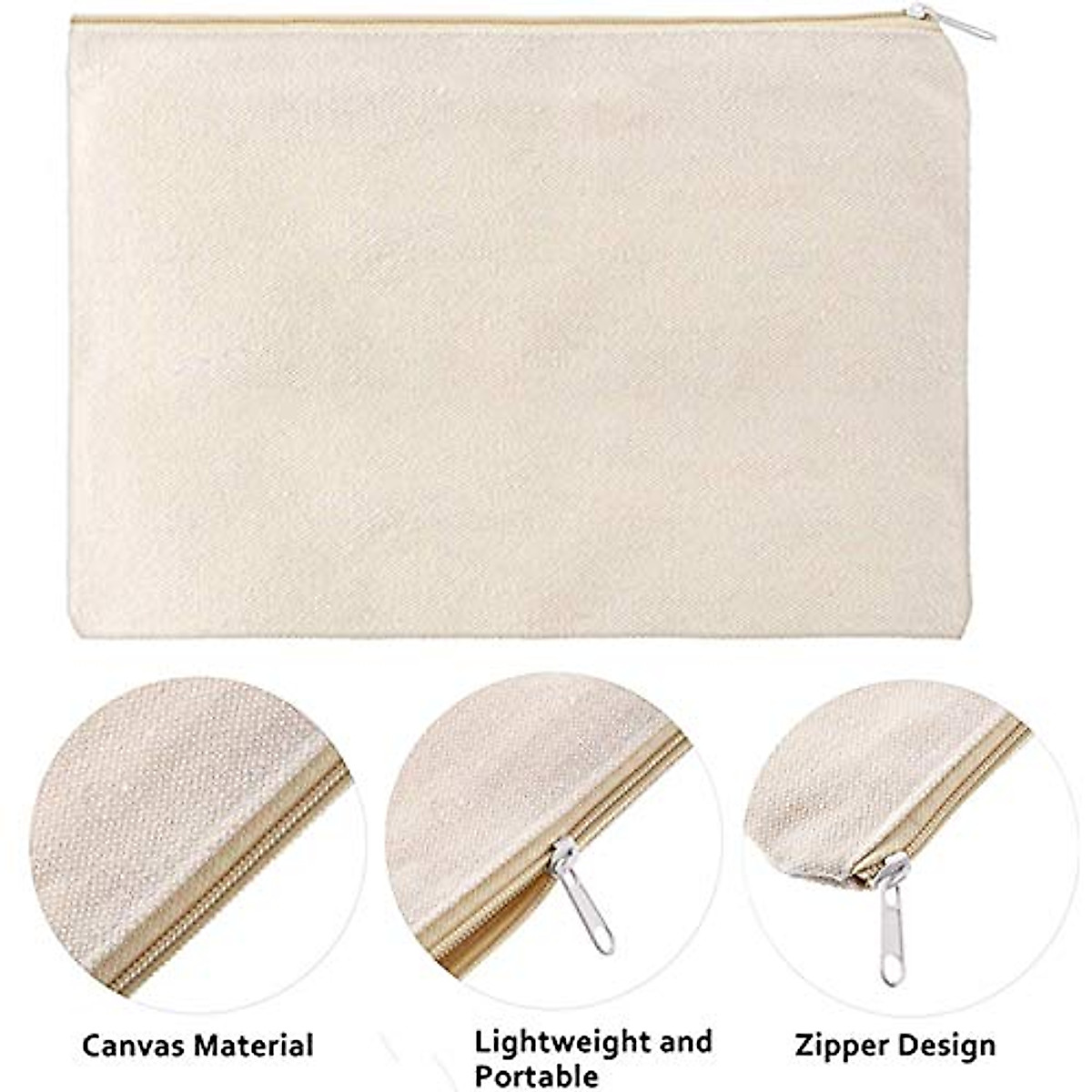 Juinelate 10 Pack Large Blank Canvas Makeup Multi-Purpose Cosmetics Bag with Zipper, Beige