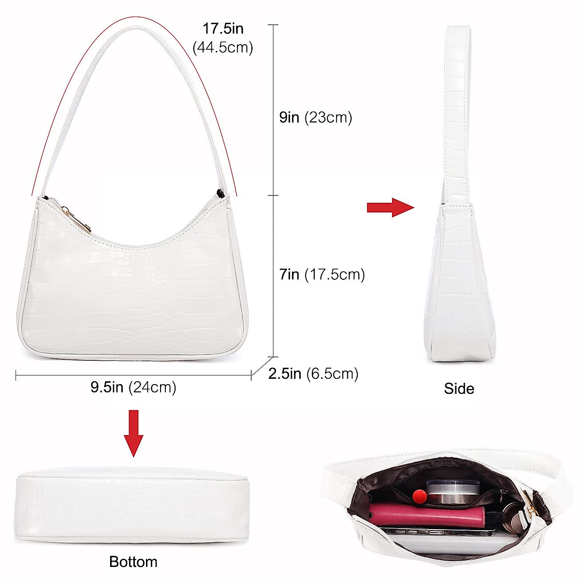 LOVEVOOK Shoulder Bag for Women, Small Purses Croc Pattern Clutch Purse Vegan Leather Little Purse Cute Mini Handbag with Zipper Closure, White