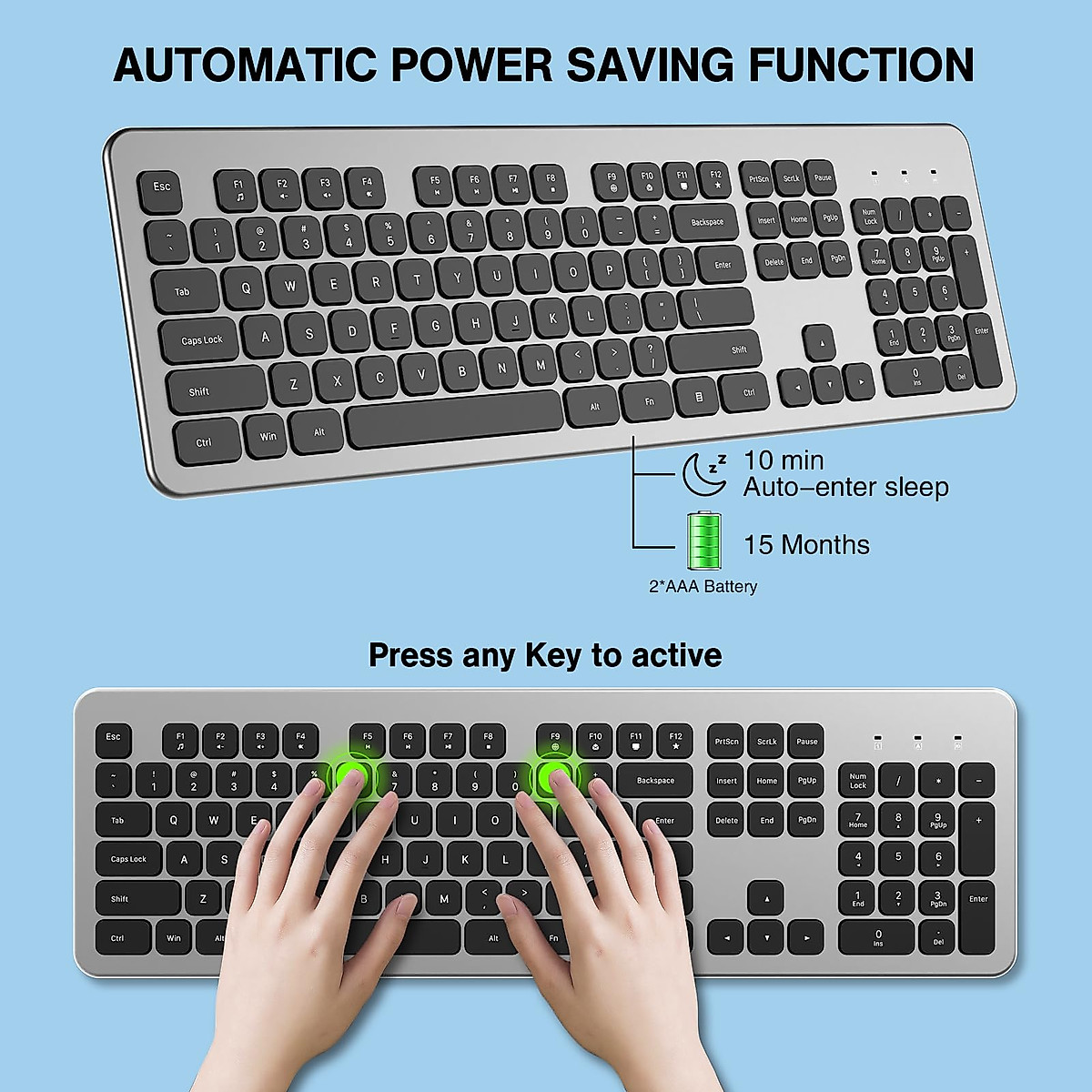 Wireless Keyboard, 2.4G Ergonomic Wireless Computer Keyboard,Enlarged Indicator,Metal-texture Panel,104 Keys Full Size PC Keyboard with Numeric Keypad for Laptop,Desktop,Surface,Chromebook,Notebook