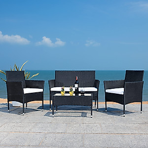 SAFAVIEH PAT7504A Collection Abdul Black and Beige 4-Piece Outdoor Living Patio Set