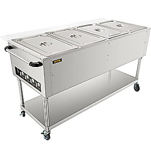 VEVOR Commercial Electric Food Warmer, 4-Pot Steam Table Food Warmer 0-100℃ w/ 2 Lockable Wheels, Professional Stainless Steel Material for Catering and Restaurants