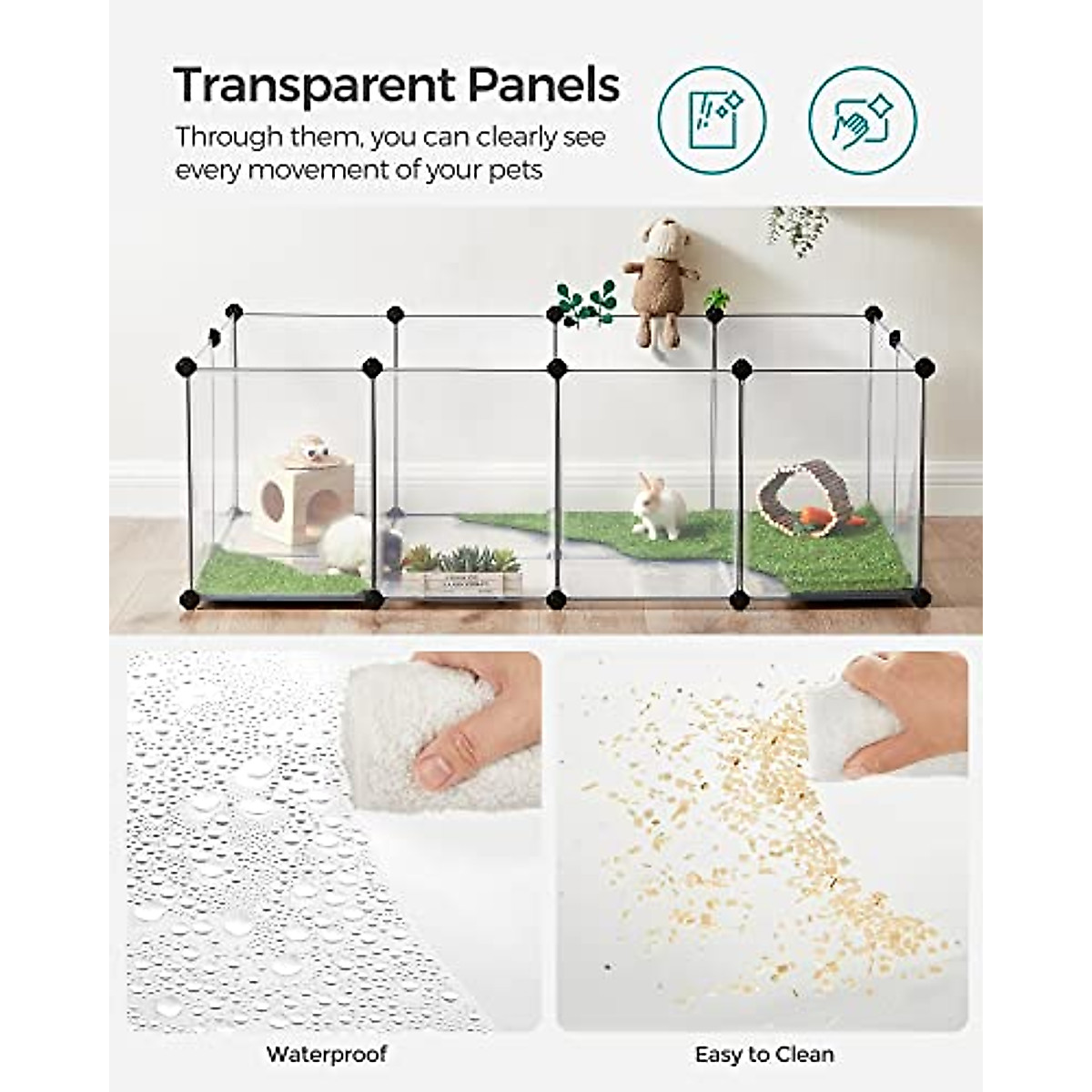 SONGMICS Pet Playpen with Floor, Small Animal Pen, Pet Fence Indoor, DIY Plastic Enclosure for Hamsters, Rabbits, Hedgehogs, Ferrets, 56.3 x 28.7 x 18.1 Inches, White ULPC02W