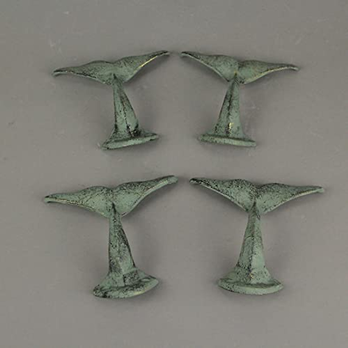 Set of 4 Verdigris Green Cast Iron Decorative Whale Tail Wall Hooks Coastal Decor 5 Inches Long
