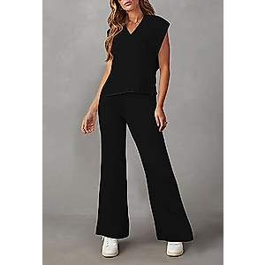 Pink Queen matching sets for women 2 Piece Cap Sleeve Sweater Knit Pullover Top Wide Leg Pants Matching Sets Black S