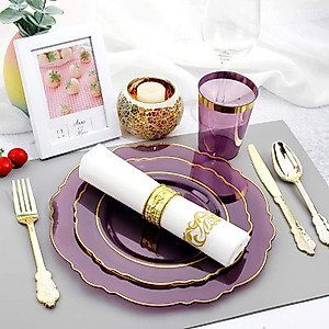 KIRE 210Pcs Purple Plastic Plates with Gold Rim& Silverware &Cups&Hand Napkin- Mardi Gras Plates - Baroque Clear Plastic Dinnerware for Upscale Wedding, Parties, Mothers Day, Easter