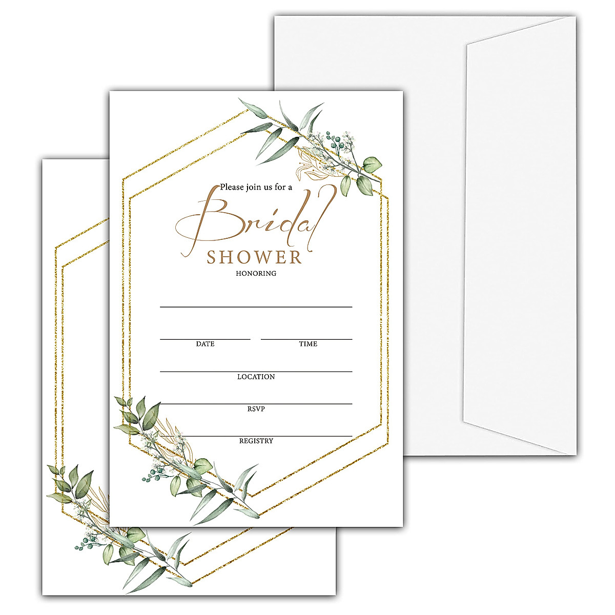 Greenery Eucalyptus Bridal Shower Invitations with Envelopes, 25 Pcs Gold Foil Blank Fill-in Invites for Wedding Reception, Engagement Party, Bachelorette Party(10)