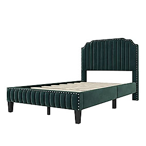 Livavege Full Size Bed Frame, Velvet Upholstered Full Platform Bed Frames with Curved Headboard, Mattress Foundation/Strong Wooden Slats Support/No Box Spring Needed/Easy Assembly, Green
